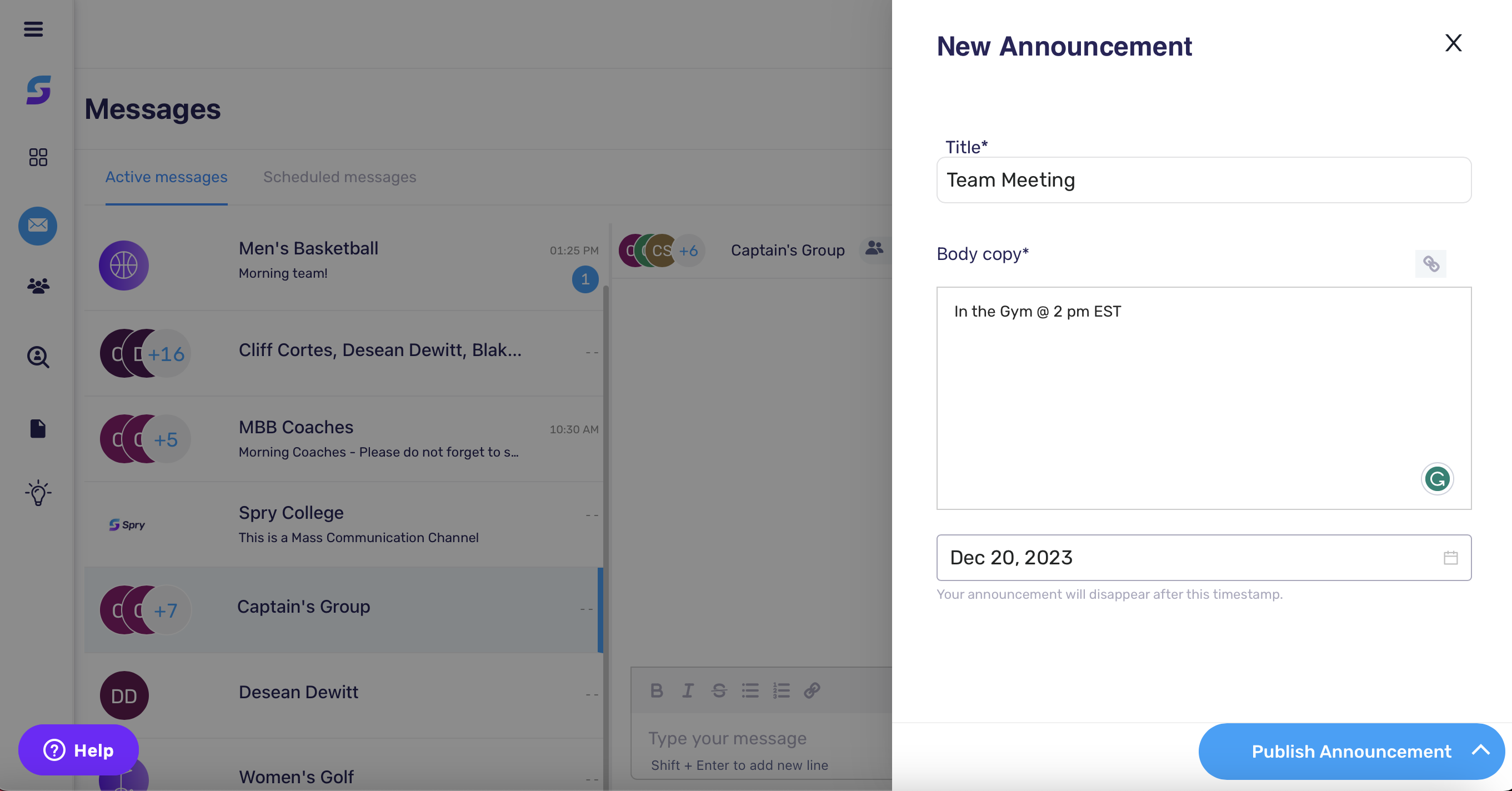 Sending an announcement (banner) – Spry